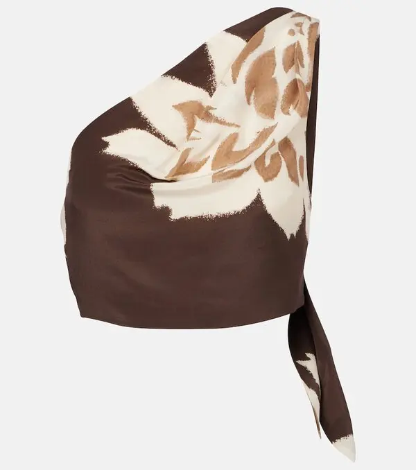 SIR. Floral One-shoulder Silk Satin Top - Brown