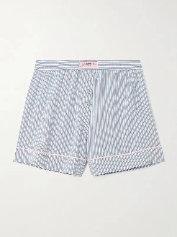 GANNI Crystal-embellished Striped Poplin Shorts