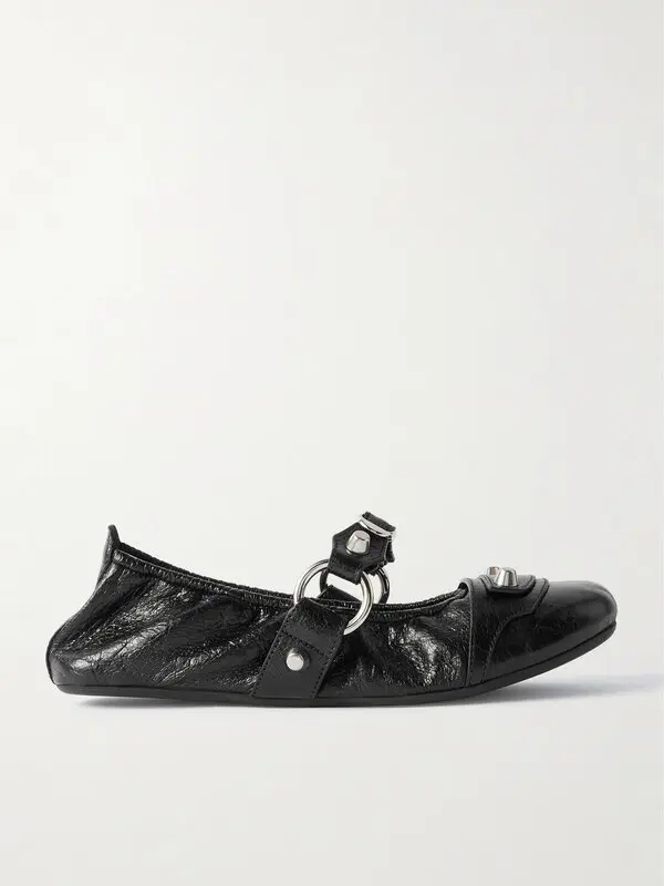 Balenciaga City Embellished Crinkled-leather Ballet Flats - Black