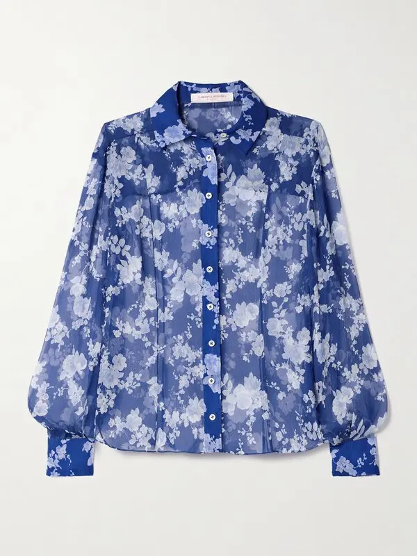 Carolina Herrera Floral-print Silk-crepon Shirt - Blue