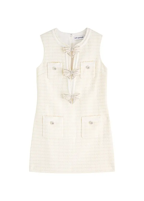 SELF-PORTRAIT Bow-embellished Bouclé Mini Dress - Cream