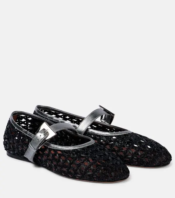 Paris Texas Sveva Raffia Ballet Flats With Buckle Detail In Platinum
