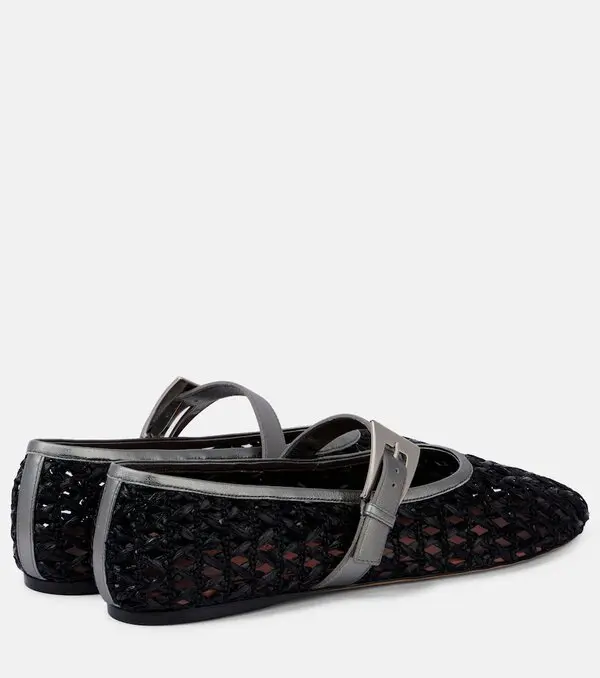 Paris Texas Sveva Raffia Ballet Flats With Buckle Detail In Platinum