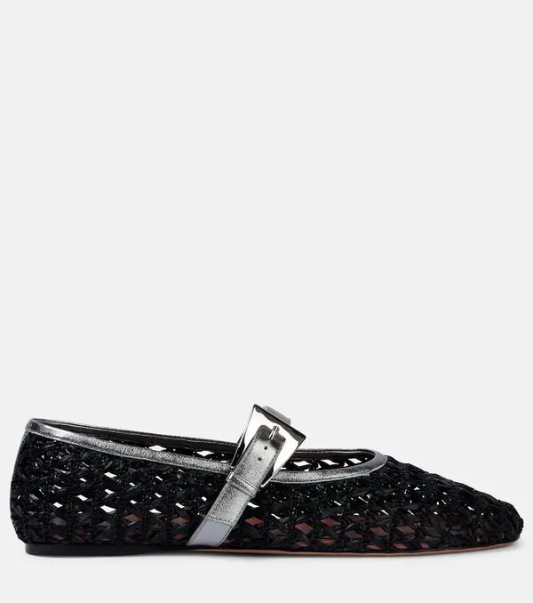 Paris Texas Sveva Raffia Ballet Flats With Buckle Detail In Platinum