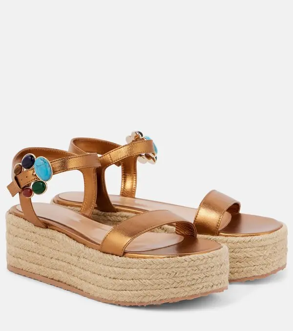 GIANVITO ROSSI Metallic Leather Platform Espadrilles - Brown