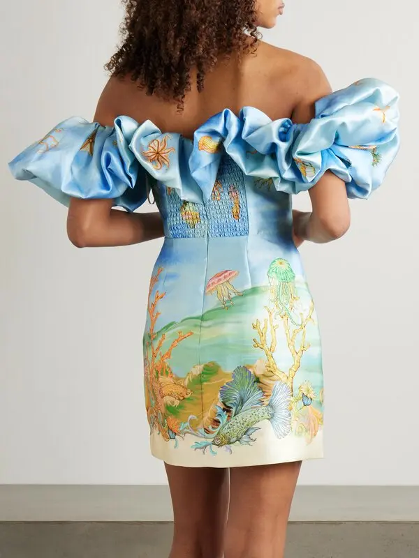 ALEMAIS Sam Pauletto Emerald Cove Off-the-shoulder Printed Recycled Duchesse-satin Mini Dress