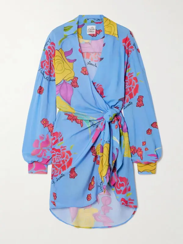 DONDE ESTEBAN Cielo Floral-print Crepe Mini Wrap Dress - Blue