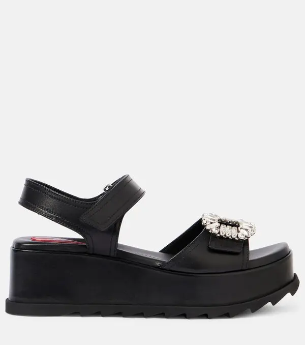 ROGER VIVIER Embellished Leather Wedge Sandals - Black