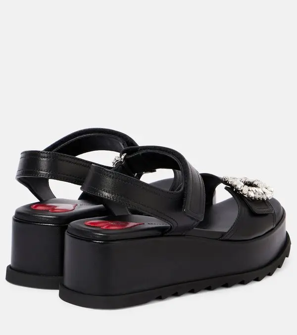 ROGER VIVIER Embellished Leather Wedge Sandals - Black