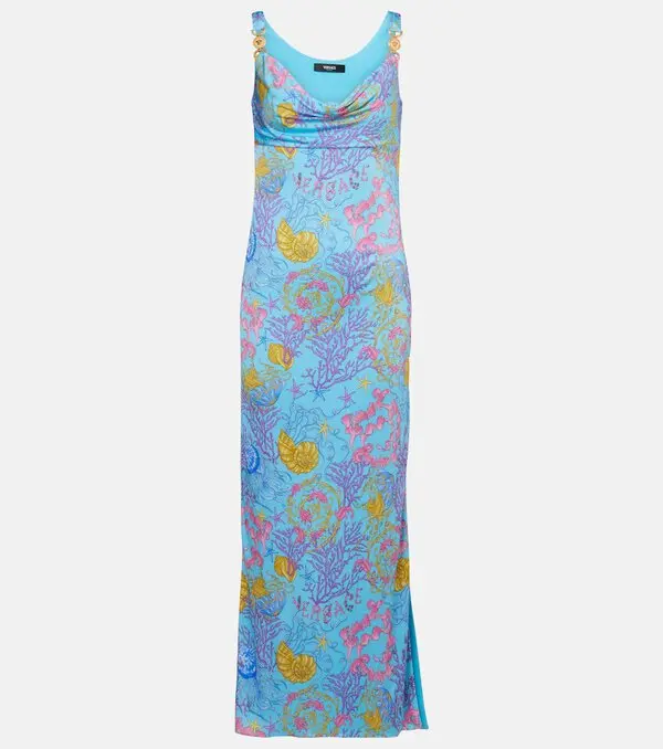 Versace Underwater Barocco Draped Jersey Gown - Blue