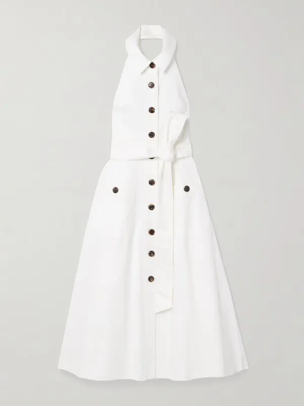 Carolina Herrera Belted Cotton-blend Sateen Halterneck Midi Shirt Dress - White