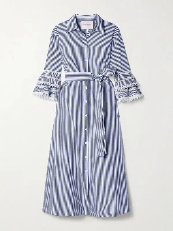 Carolina Herrera Belted Guipure Lace-trimmed Striped Shirt Dress - Blue