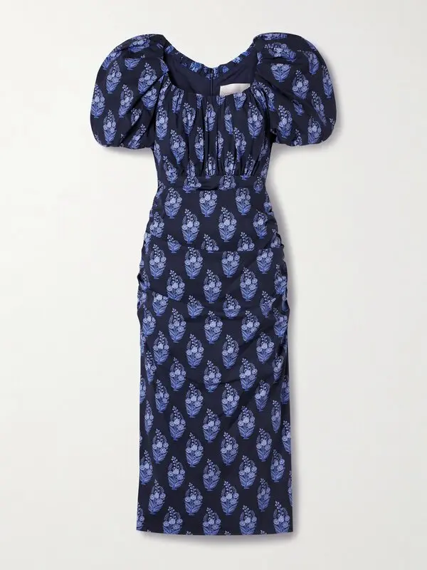 Carolina Herrera Gathered Floral-print Cotton-blend Poplin Midi Dress - Blue