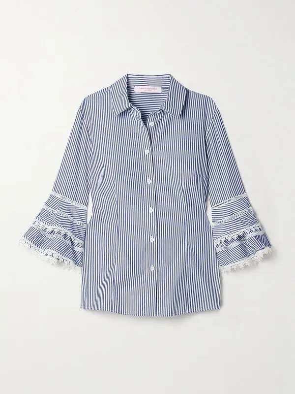 Carolina Herrera Striped Cotton-poplin Shirt With Lace Trims - Blue