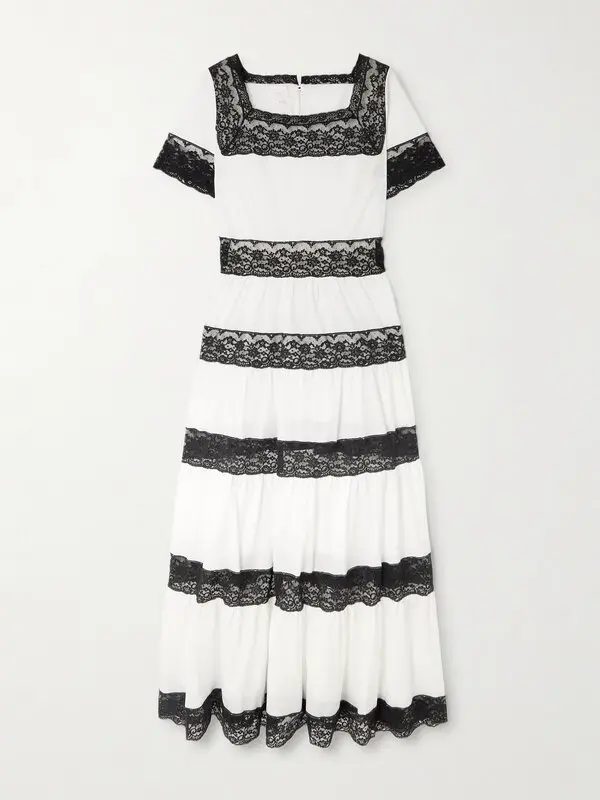 Loretta Caponi Tiered Lace-trimmed Cotton-poplin Midi Dress - White
