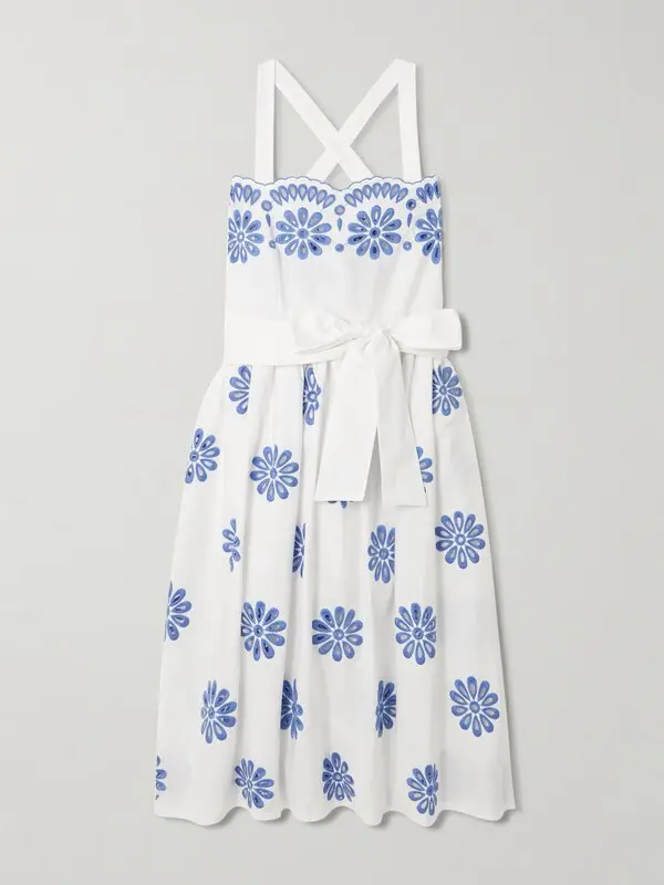 Loretta Caponi Belted Scalloped Broderie Anglaise Cotton Midi Dress - White