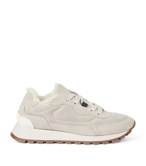Brunello Cucinelli Suede Shearling-trimmed Lace-up Sneakers