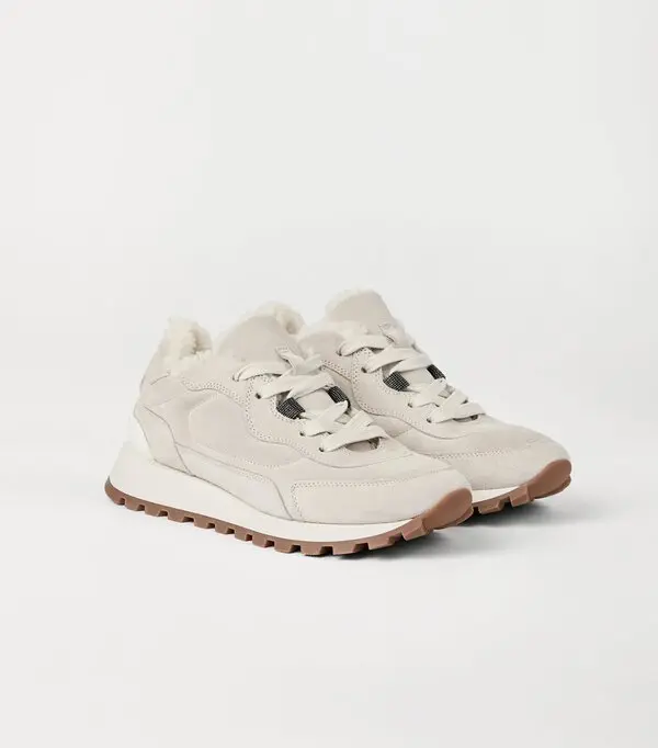 Brunello Cucinelli Suede Shearling-trimmed Lace-up Sneakers