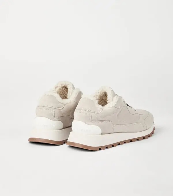 Brunello Cucinelli Suede Shearling-trimmed Lace-up Sneakers