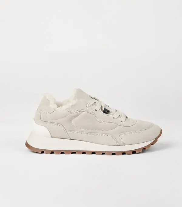 Brunello Cucinelli Suede Shearling-trimmed Lace-up Sneakers