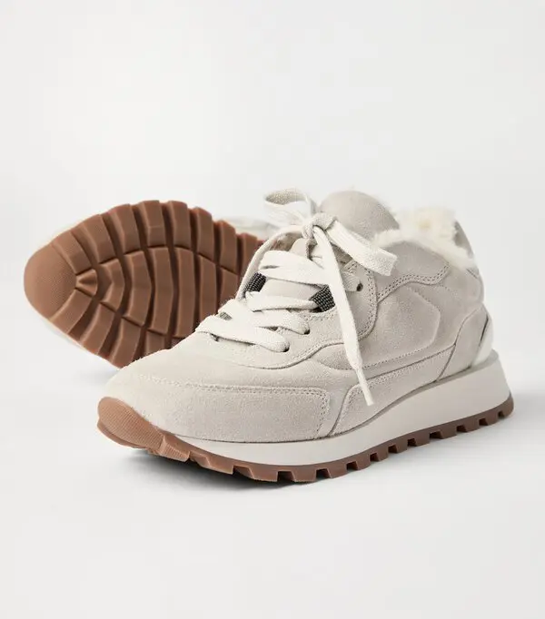 Brunello Cucinelli Suede Shearling-trimmed Lace-up Sneakers