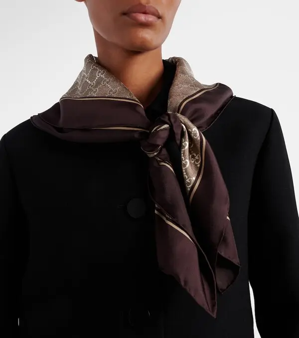 Gucci Gg Silk Twill Scarf - Brown