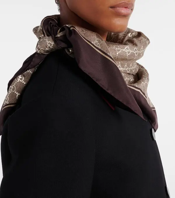 Gucci Gg Silk Twill Scarf - Brown