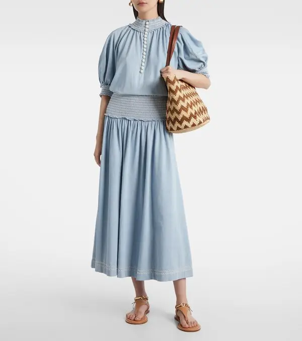 Zimmermann Ascension Shirred Denim Midi Skirt