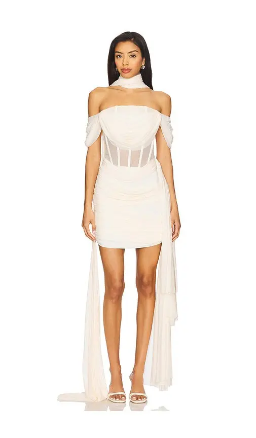 DEME BY GABRIELLA Marianna Draped Mesh Dress With Detached Scarf - Ivory