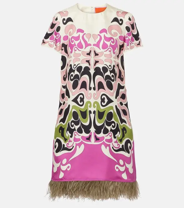La DoubleJ Mini Swing Feather-trimmed Silk Minidress - Multicoloured