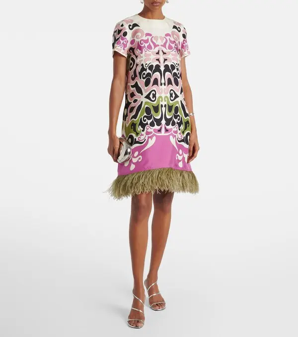 La DoubleJ Mini Swing Feather-trimmed Silk Minidress - Multicoloured