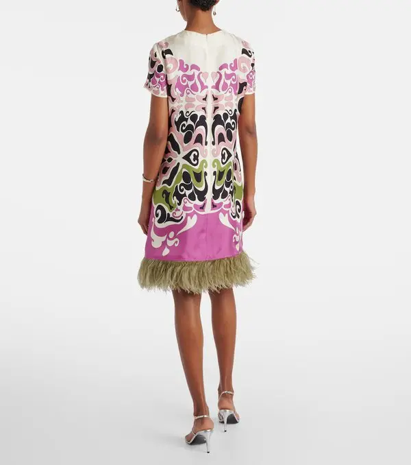 La DoubleJ Mini Swing Feather-trimmed Silk Minidress - Multicoloured