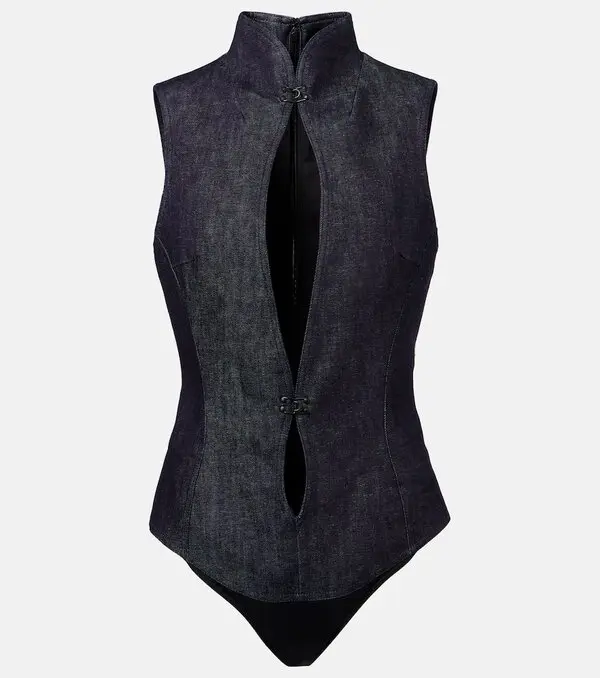 MUGLER Cutout Denim Bodysuit - Blue