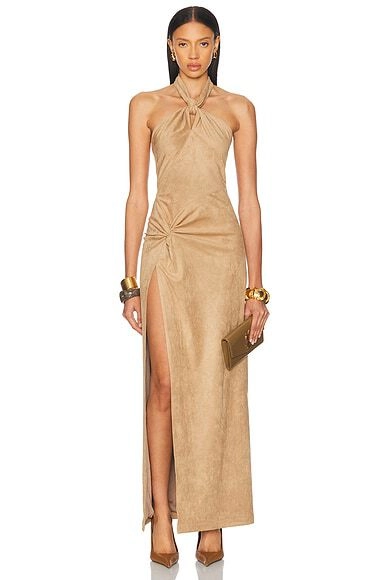 Ronny Kobo Halterneck Maxi Dress With Slit - Tan