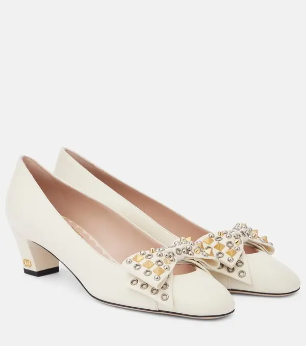 Valentino Garavani Bow Detail Studded Leather Pumps - Beige
