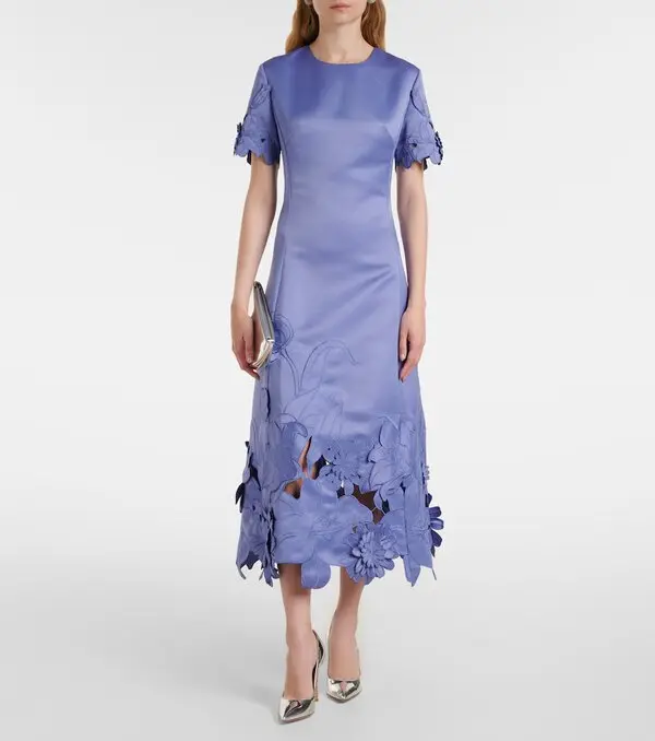 LEO LIN Caroline Floral Appliqué Satin Midi Dress
