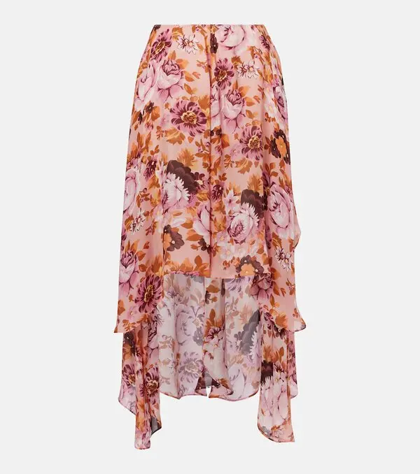Chloé Asymmetric Floral Silk Midi Skirt In Antique Pink - Multicoloured