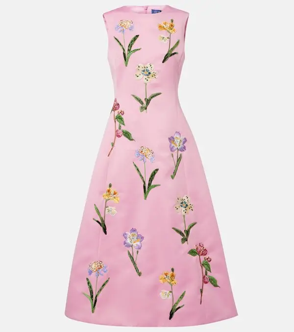 LEO LIN Cleo Floral Embroidered Satin Midi Dress - Pink