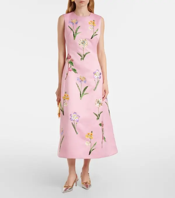 LEO LIN Cleo Floral Embroidered Satin Midi Dress - Pink