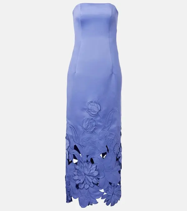 LEO LIN Rayna Floral Appliqué Satin Maxi Dress - Blue