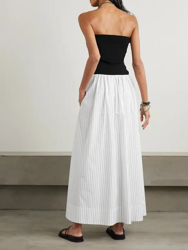 ST. AGNI Strapless Jersey And Pinstriped Organic Cotton Maxi Dress