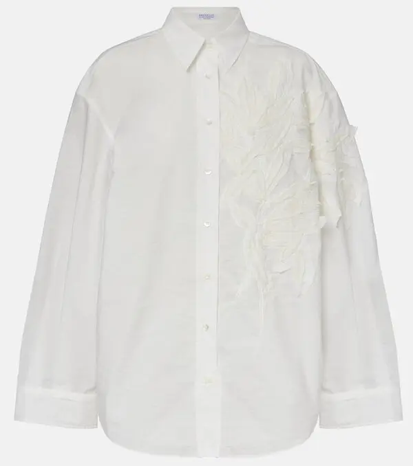 Brunello Cucinelli Embroidered Cotton-blend Poplin Shirt - Beige