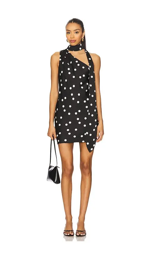 Line & Dot Polka Dot One Shoulder Mini Dress With Scarf Detail - Black