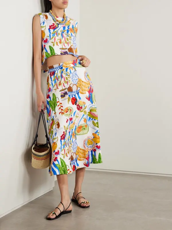 Farm Rio Cropped Open-back Printed Linen-blend Tank