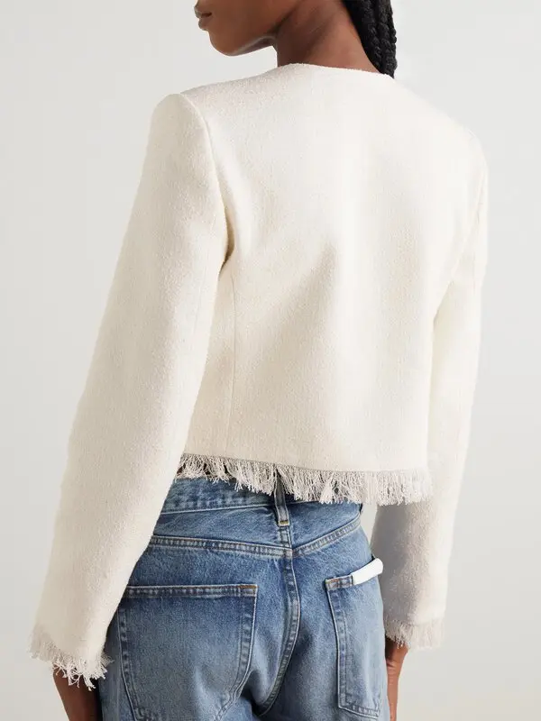FRAME Cropped Fringed Cotton-blend Tweed Jacket