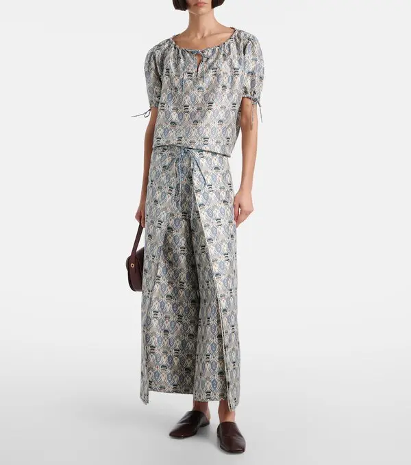 Loro Piana Rose Print Puff Sleeve Silk Top