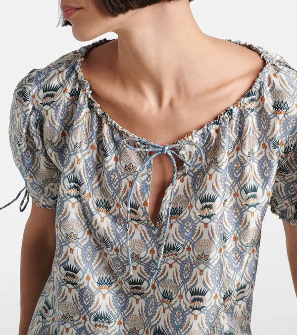 Loro Piana Rose Print Puff Sleeve Silk Top