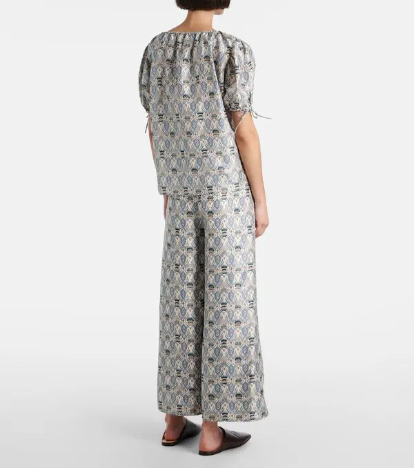 Loro Piana Rose Print Puff Sleeve Silk Top