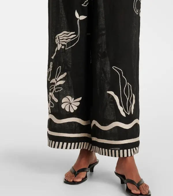 ERES Octopus Embroidered Linen Wide-leg Trousers