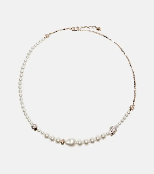 Alexander McQueen Skull Embellished Faux Pearl Necklace - Silver